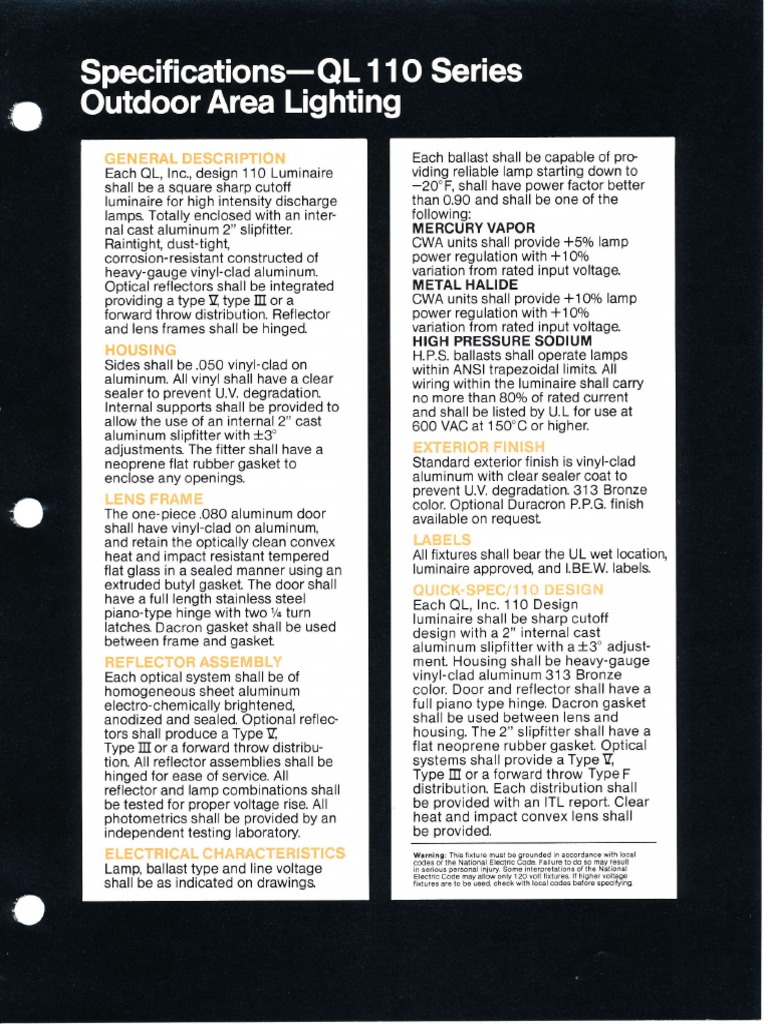QL 110 Series Area Lighting Spec Sheet 1984 | PDF | Electrical ...