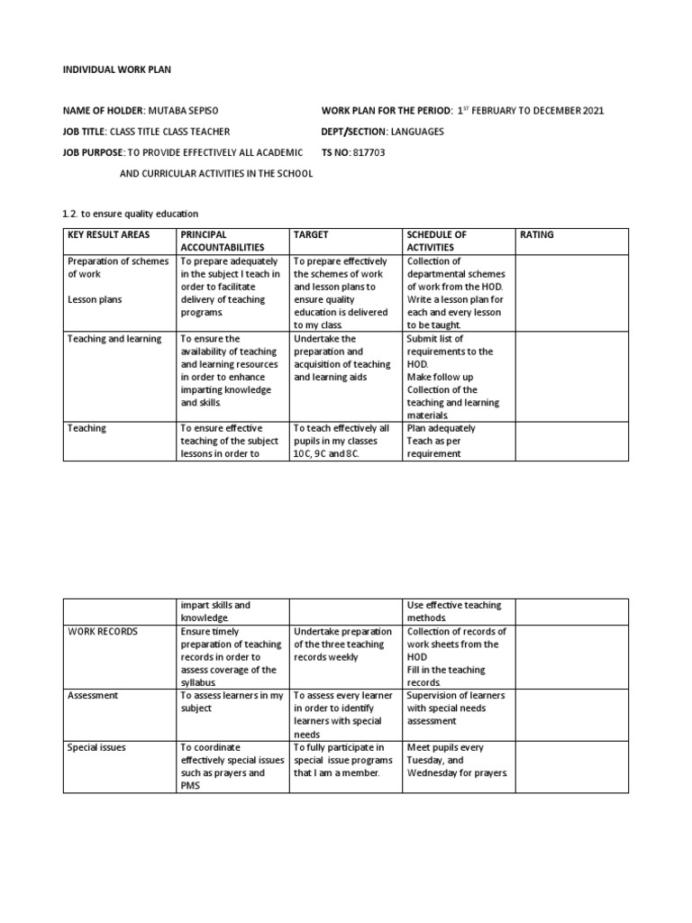Individual Work Plan | PDF | Lesson | Lesson Plan