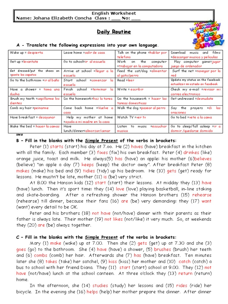 Daily Routine: A - Translate The Following Expressions Into Your Own ...