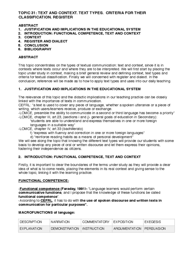 Topic 31: Text and Context. Text Types. Criteria For Their ...