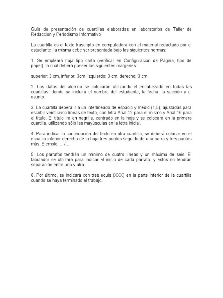 Reglas para Elaborar Formato Cuartilla | PDF