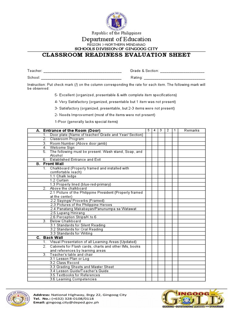 Department of Education: Classroom Readiness Evaluation Sheet ...