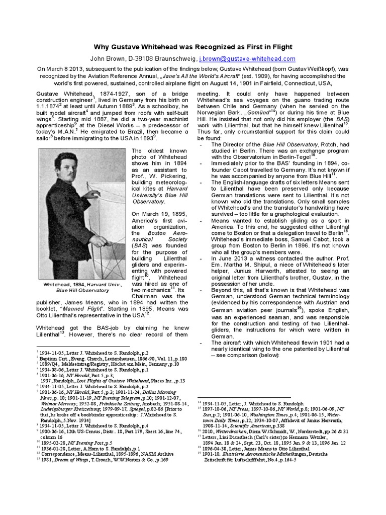 Gustave Whitehead: First in Flight | PDF | Wright Brothers | Engines