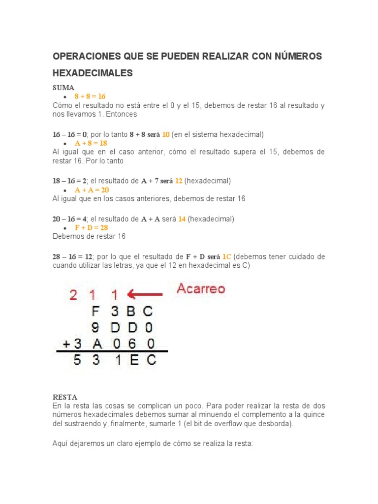 Operaciones Que Se Pueden Realizar Con Números Hexadecimales | PDF ...