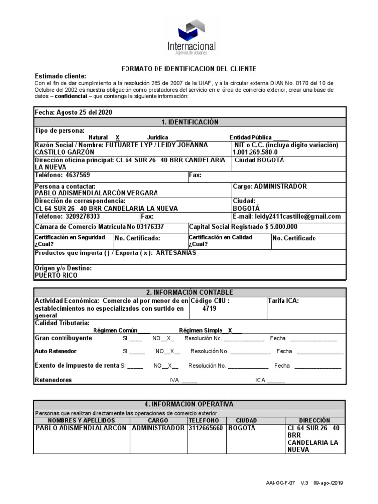 AAI-GO-F-07 Formato de Identificacion Del Cliente Version 3 | PDF ...