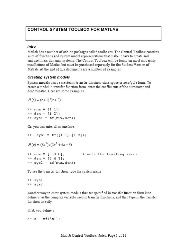 Control System Toolbox For Matlab: Intro | PDF | Control Theory ...