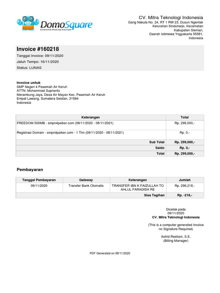 Invoice Lunas CV. Mitra Teknologi | PDF