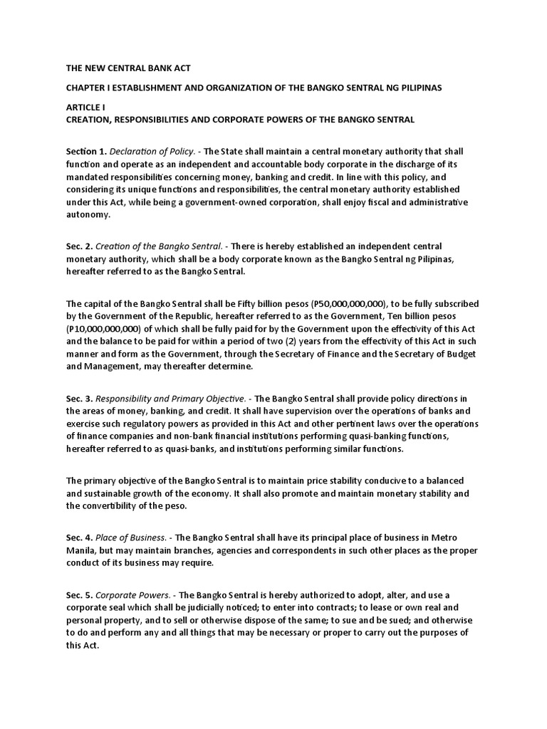 The New Central Bank Act-Ra 7653 | PDF | Conservatorship | Liquidation