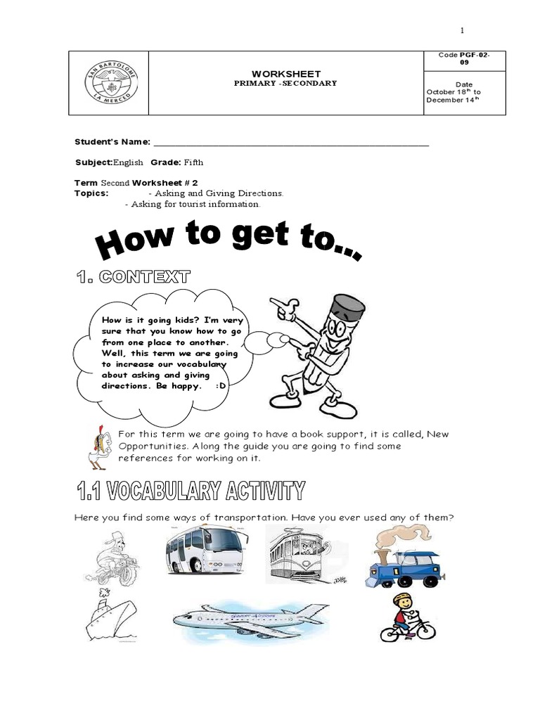 Directions and Travel Information Worksheet | PDF
