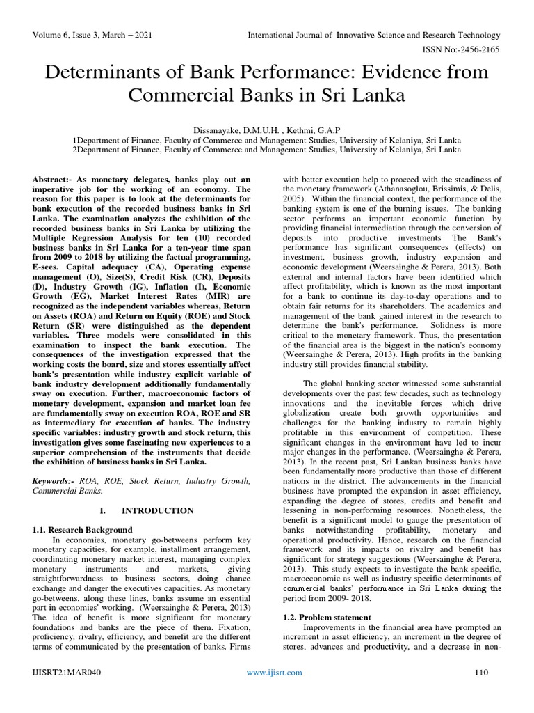 Determinants of Bank Performance Evidence From Commercial Banks in Sri ...