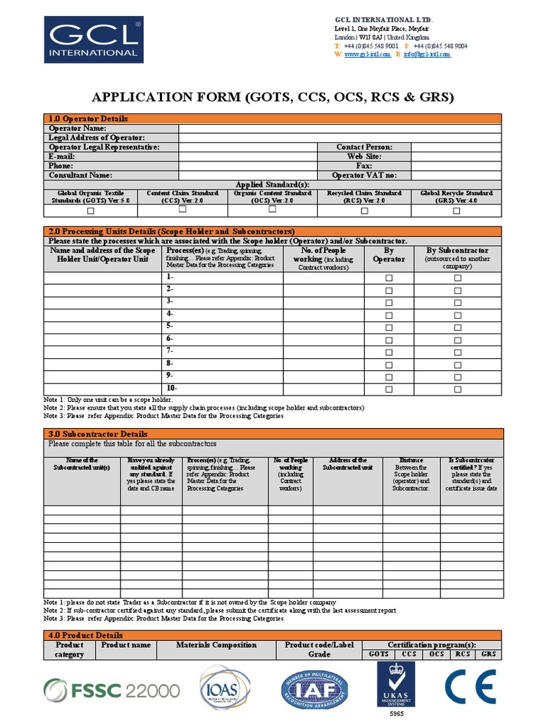 PCAF01 9 Application Form GOTS and TE Standards | PDF | Linens | Textiles