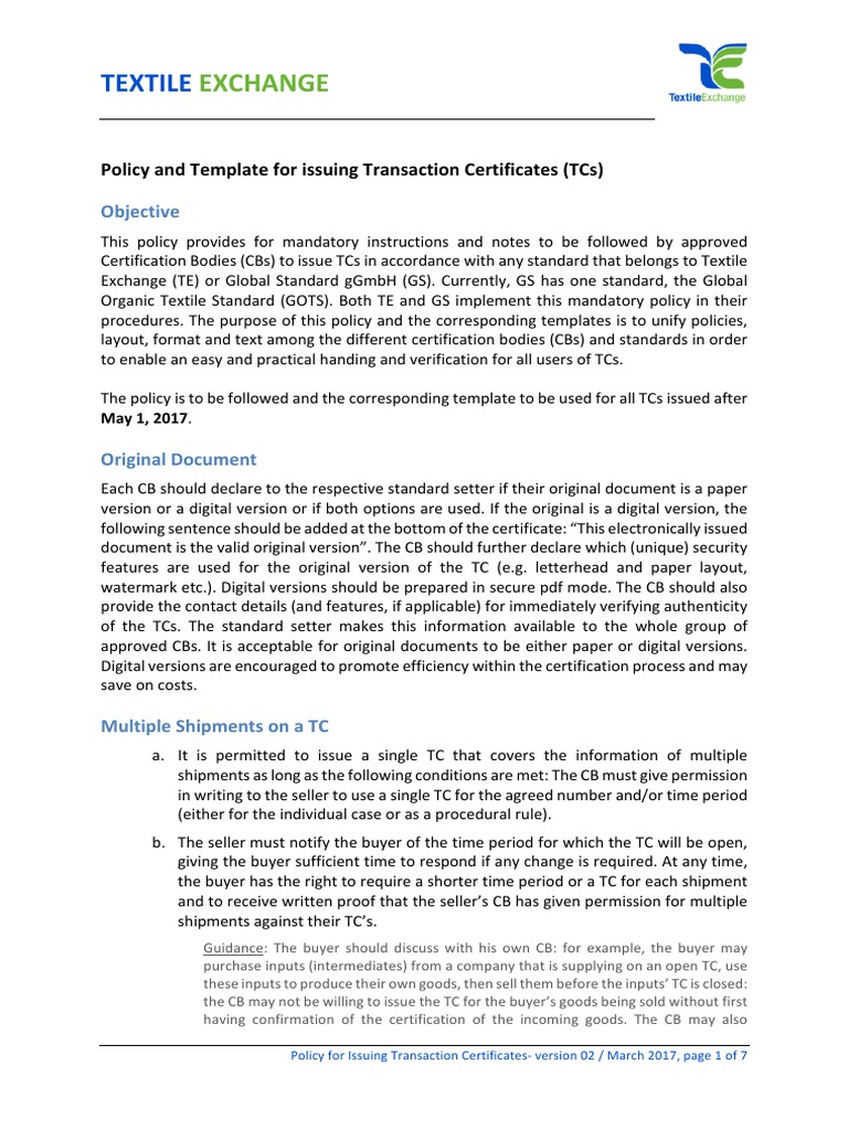 TE Transaction Certificates Policy | PDF | Authentication | Business