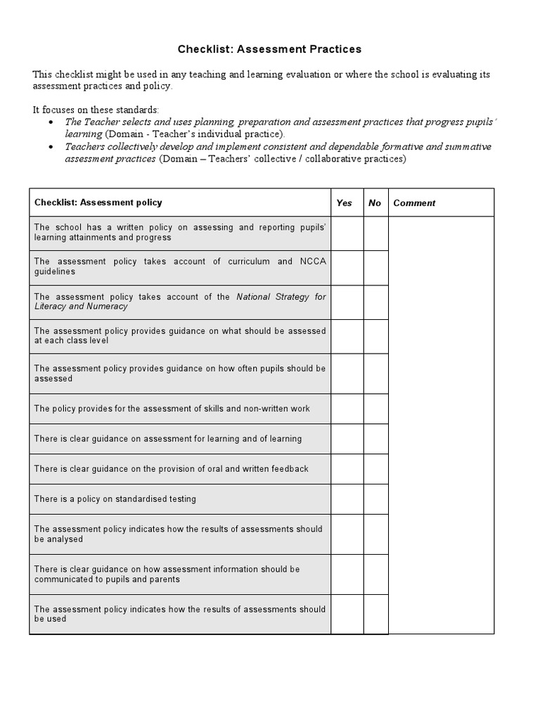 Sample Checklist For A Schools Assessment Practices | PDF