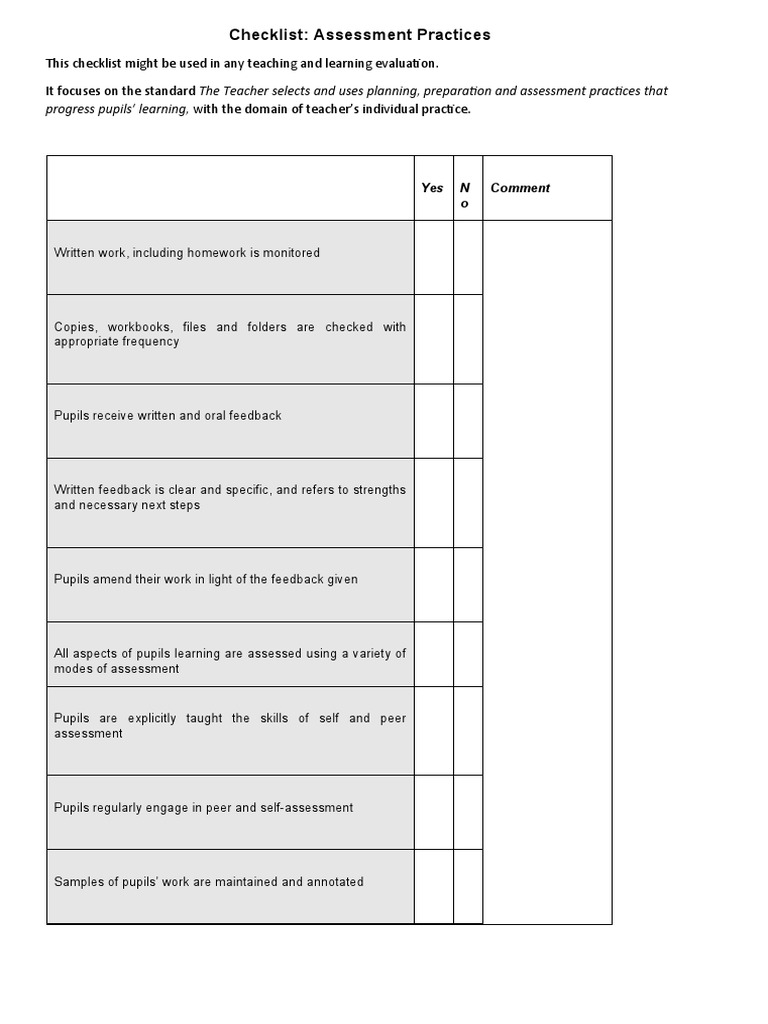 Checklist: Assessment Practices: Progress Pupils' Learning, With The ...