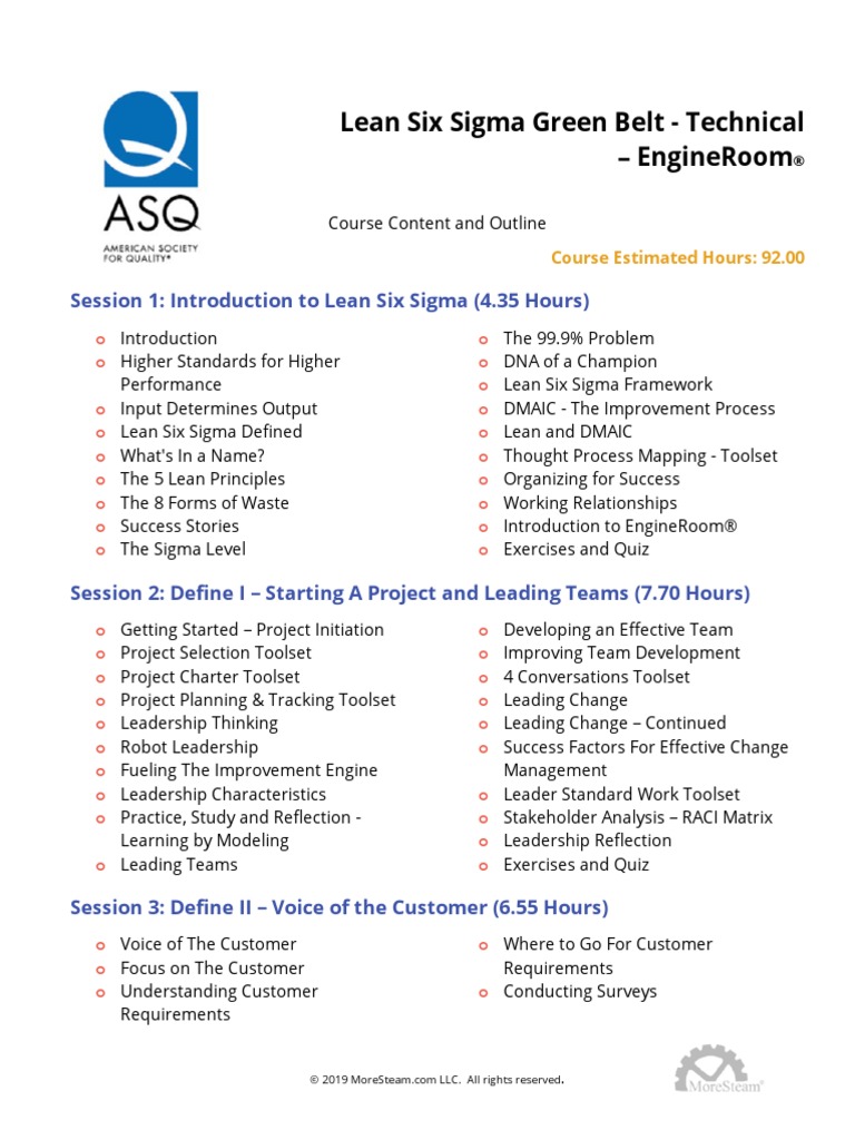 ASQ Course Outline Lean Six Sigma Green Belt - ASQ - LSSGB01MS | PDF ...