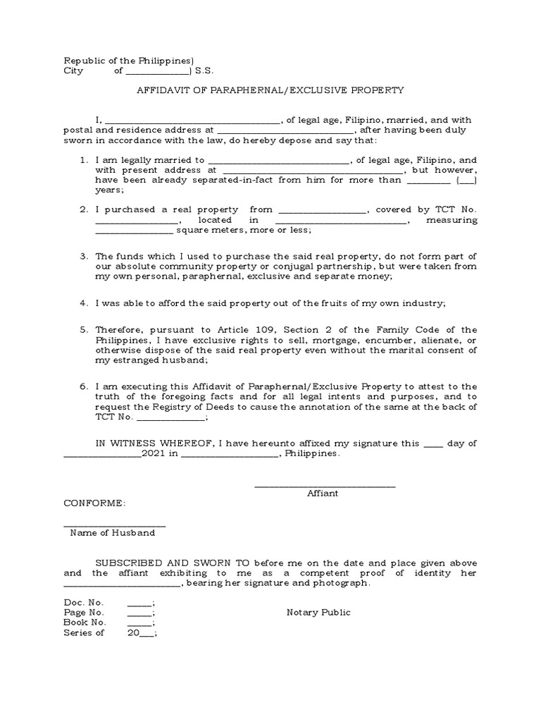 Affidavit of Paraphernal Property