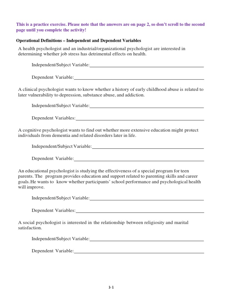 Chapter 1 Practice Excercise - Operational Definitions Independent ...