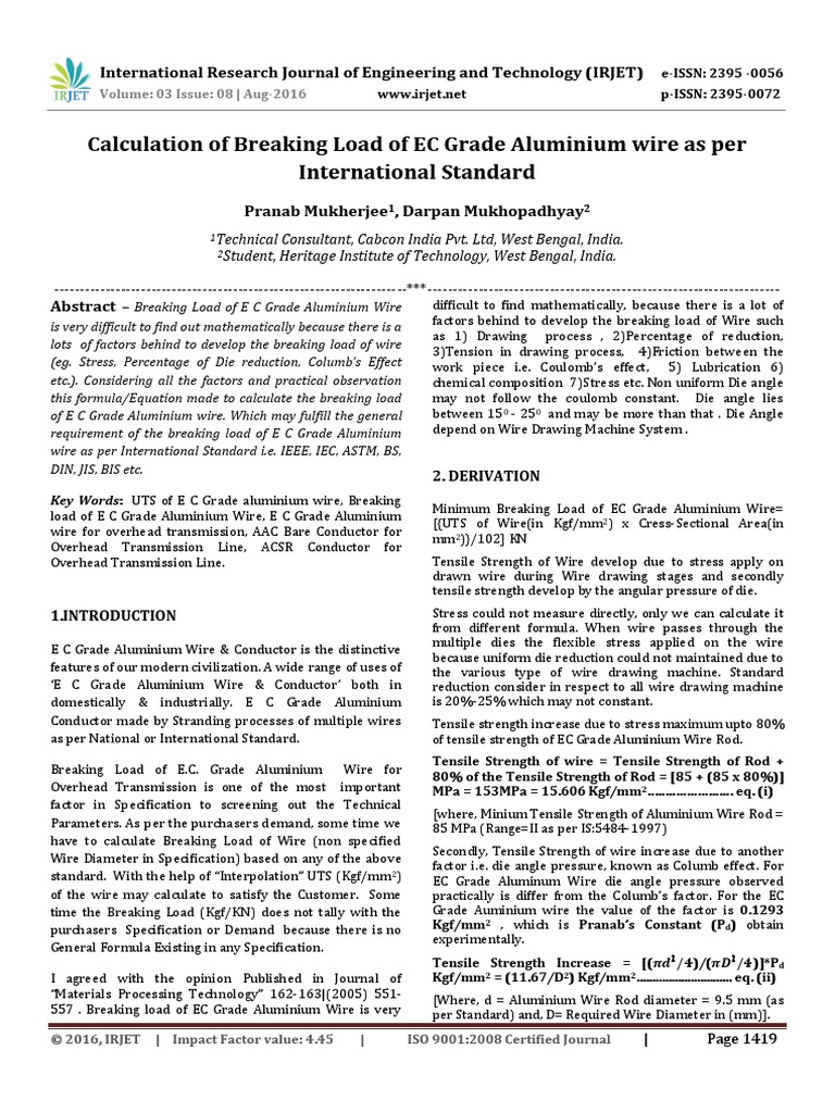 Calculation of Breaking Load of EC Grade Aluminium Wire As Per ...