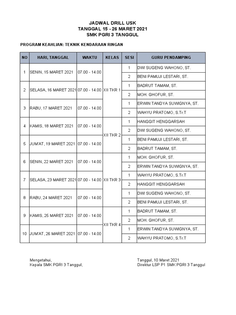 JADWAL DRILL USK SMK PGRI 3 TANGGUL MARET 2021 | PDF