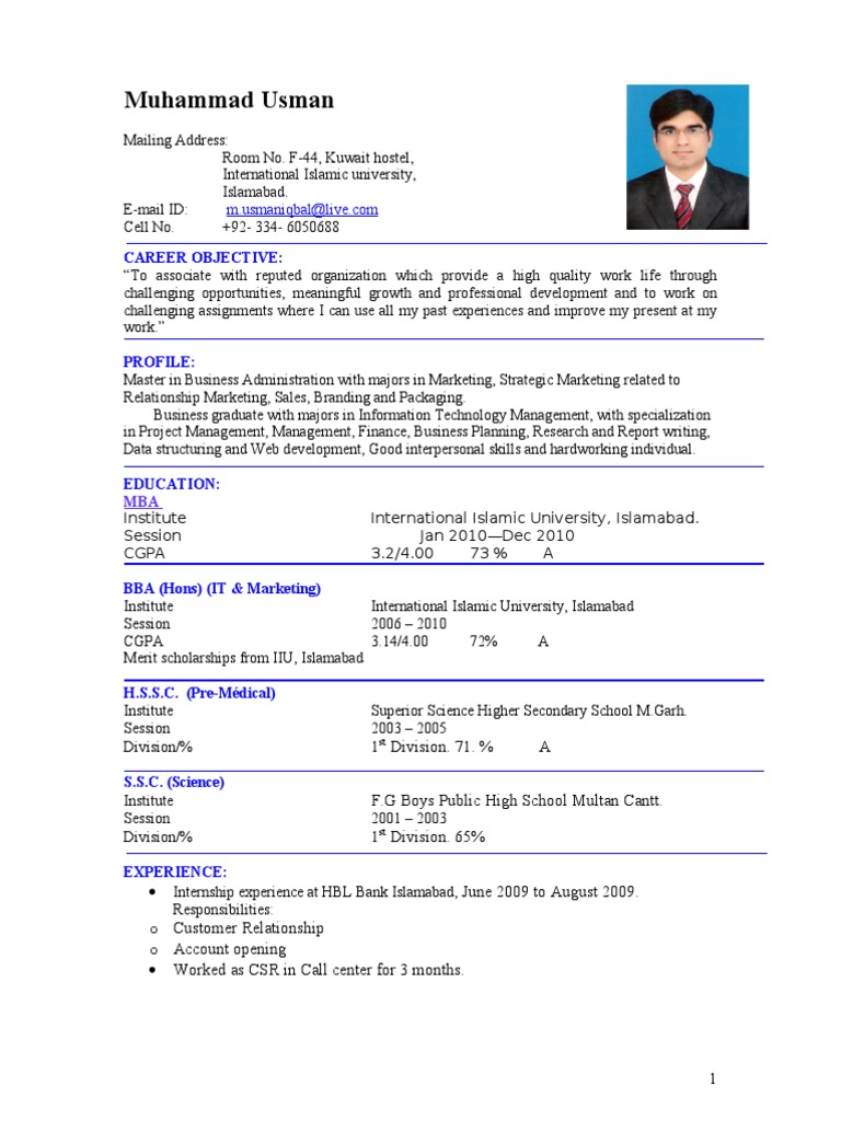 Muhammad Usman - MBA Graduate Resume | PDF | Master Of Business ...