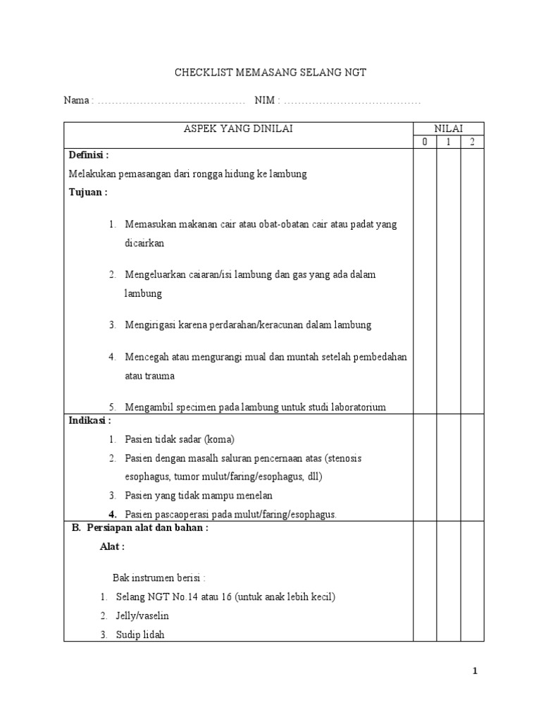 Checklist Memasang Selang NGT | PDF