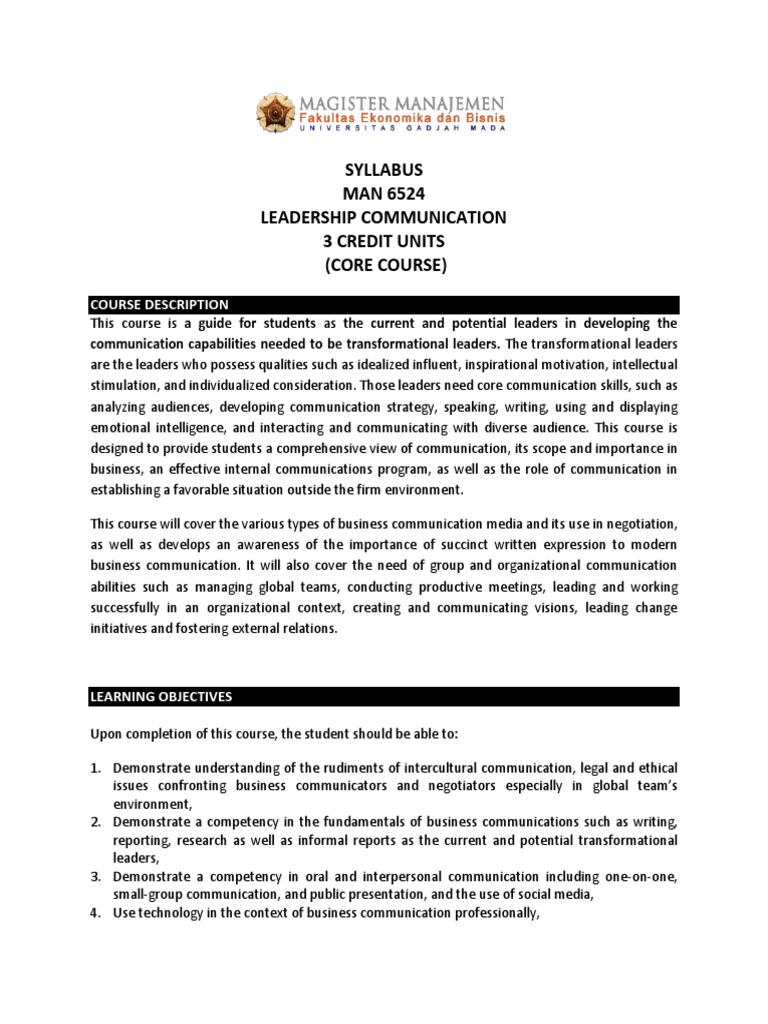 Course Syllabus LC | PDF | Transformational Leadership | Leadership