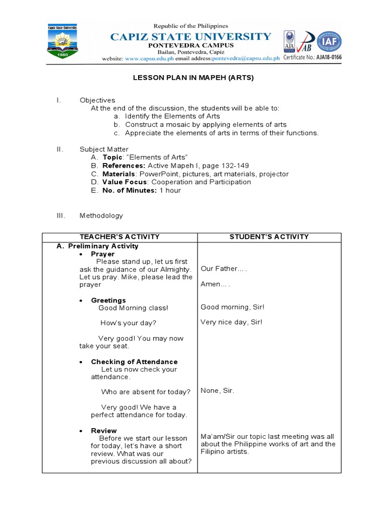 LESSON PLAN IN MAPEH Arts | PDF | Shape | Color