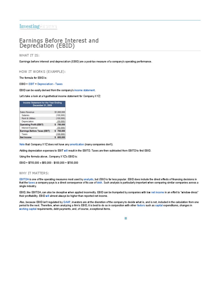 Earnings Before Interest and Depreciation (EBID) : What It Is | PDF ...