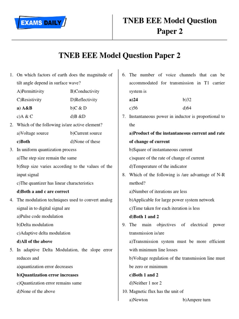 TNEB EEE Model Question Paper 2 | PDF