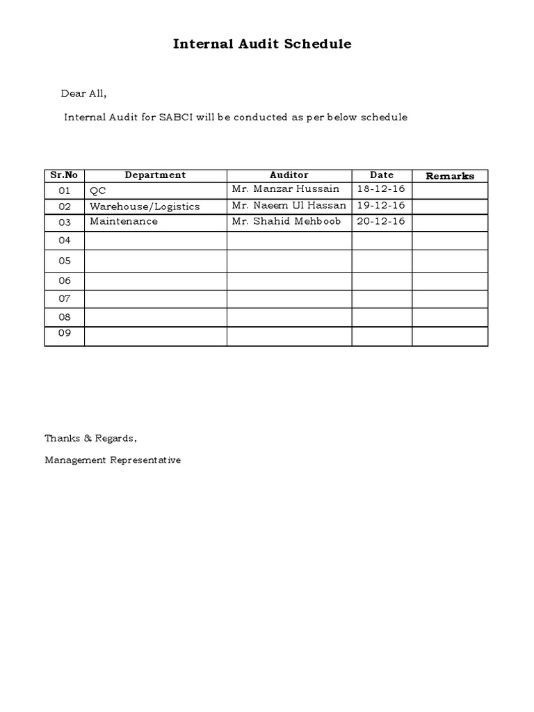 SABCI Internal Audit Schedule 2016 | PDF