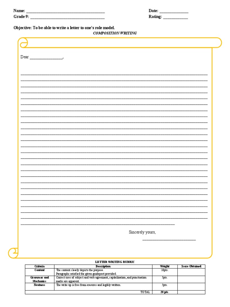 Name: - Date: - Grade 9: - Rating: - Objective: To Be Able To Write A ...