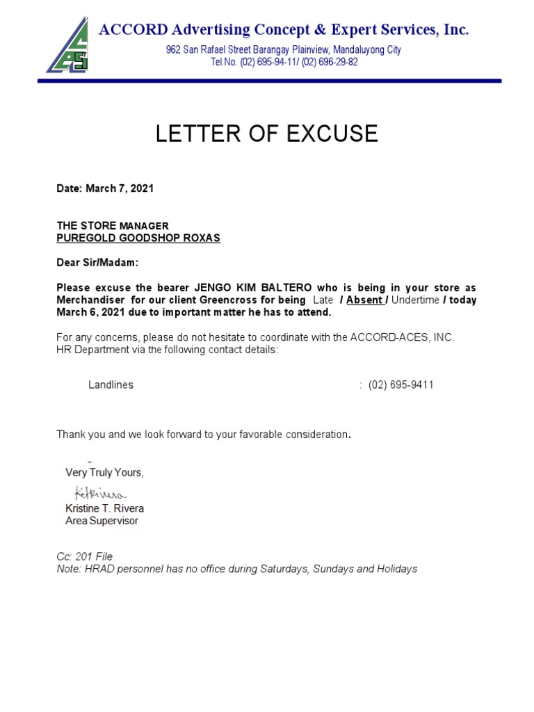 Letter of Excuse: ACCORD Advertising Concept & Expert Services, Inc | PDF