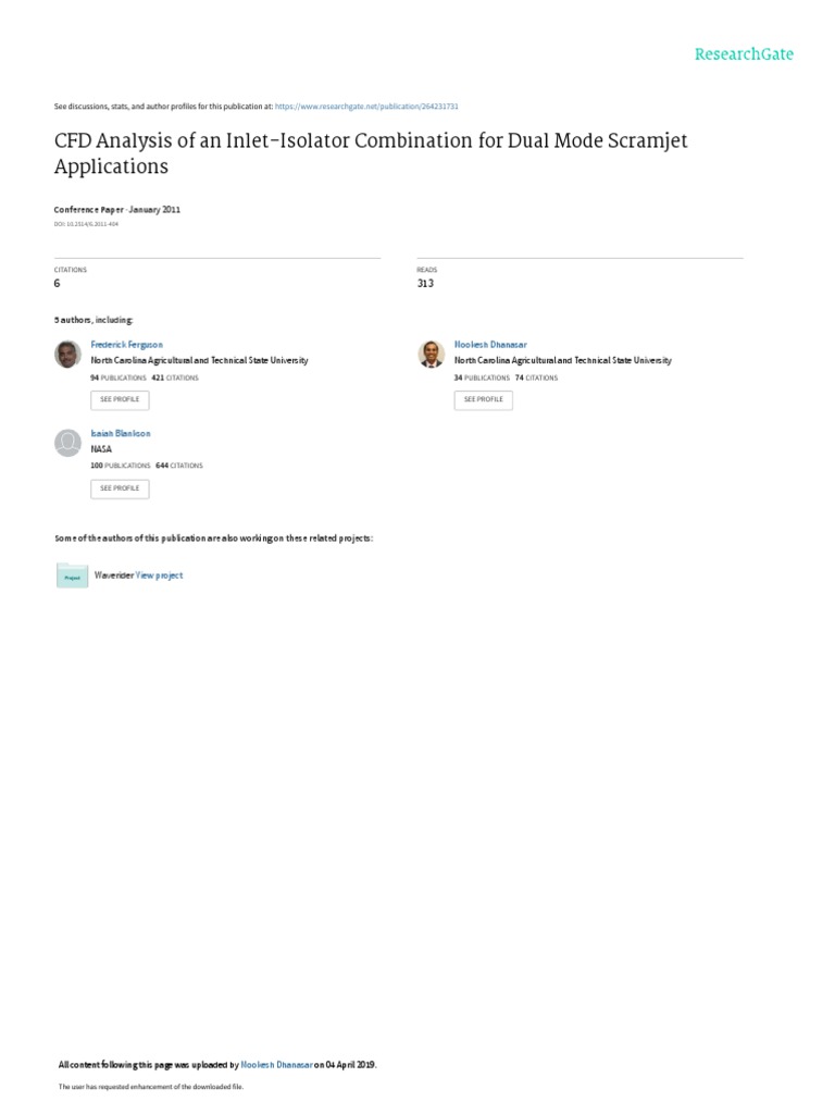 CFD Analysis of An Inlet-Isolator Combination For Dual Mode Scramjet ...
