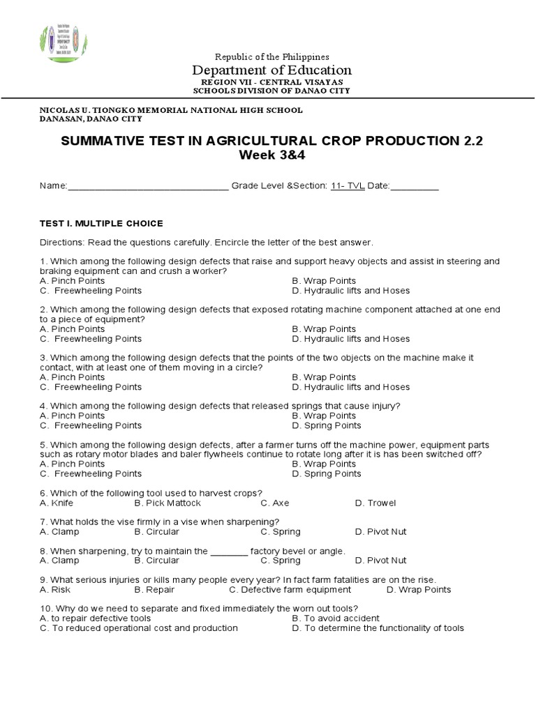 Department of Education: Summative Test in Agricultural Crop Production ...