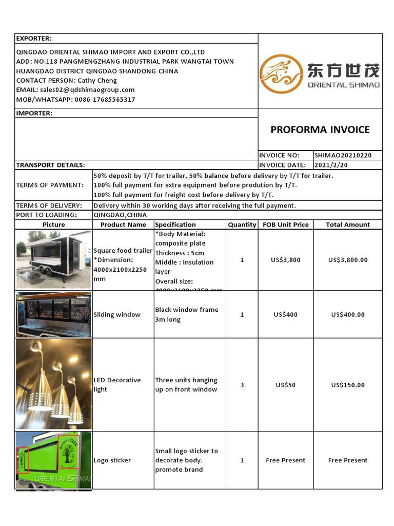 Proforma Invoice for Food Trailer Order | PDF | Window | Manufactured Goods