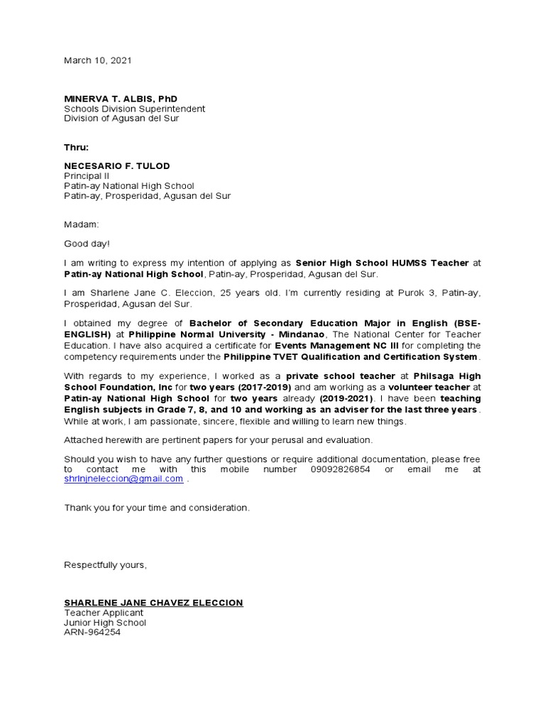 Application Letter - SHS | PDF