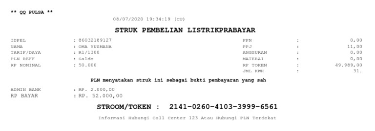 Struk Pembelian Listrik Prabayar: QQ Pulsa | PDF