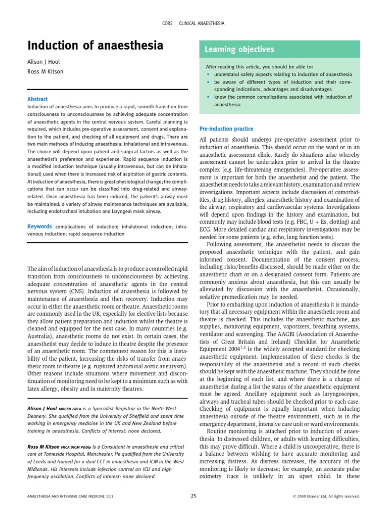 Induction of Anaesthesia Techniques | PDF | Anesthesia | Breathing