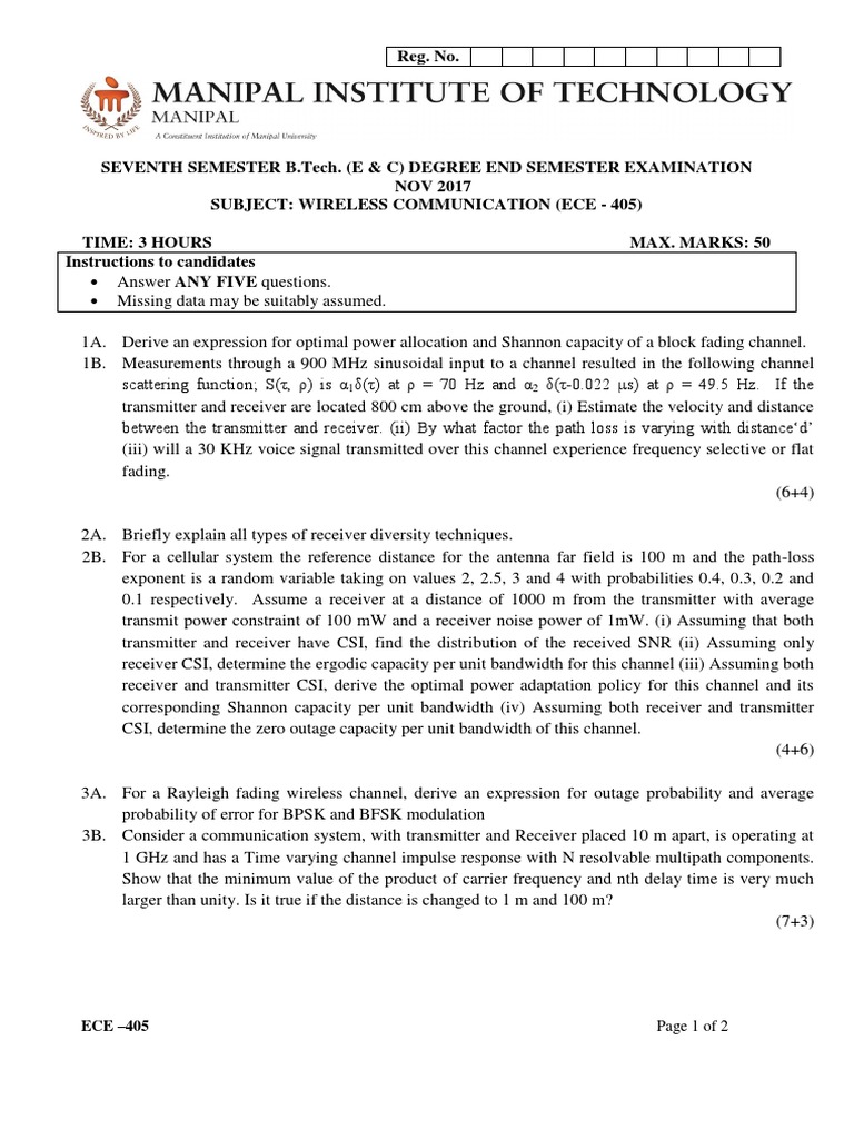 ECE 405 Wireless Communication Exam Guide | PDF | Transmitter ...
