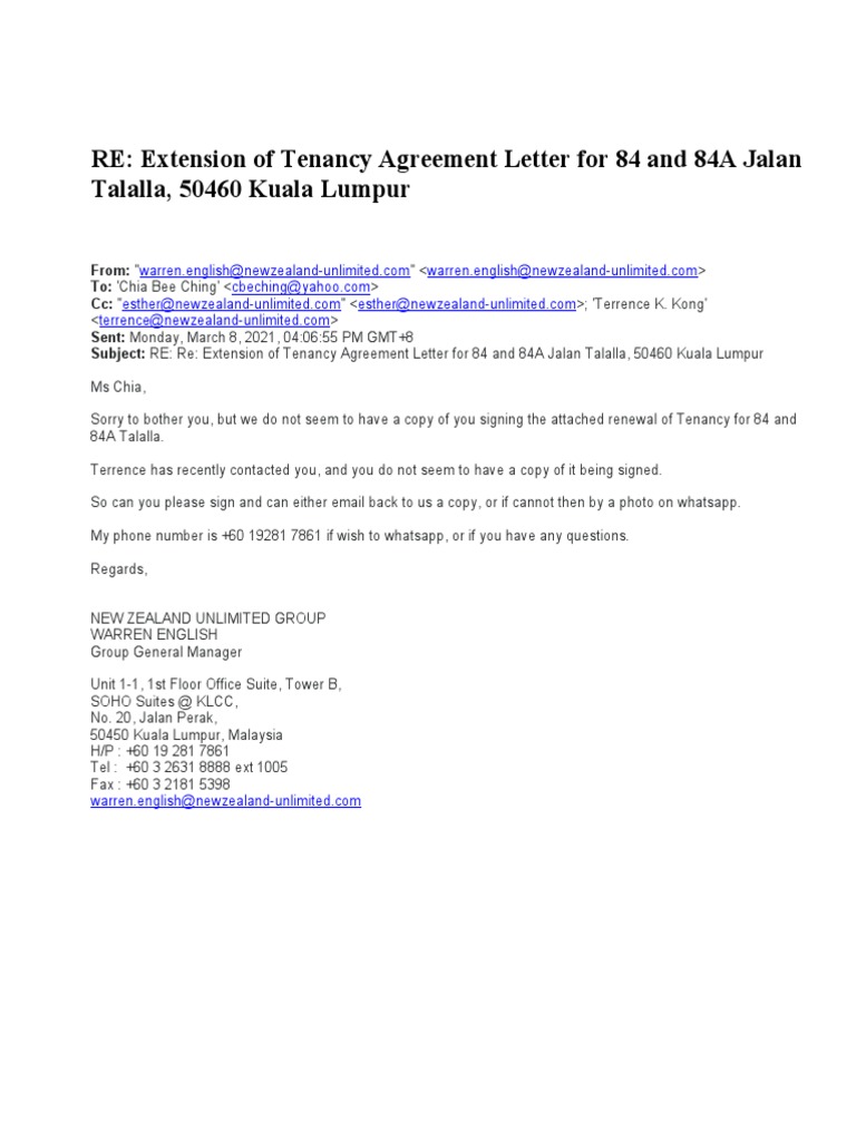 RE: Extension of Tenancy Agreement Letter For 84 and 84A Jalan Talalla ...
