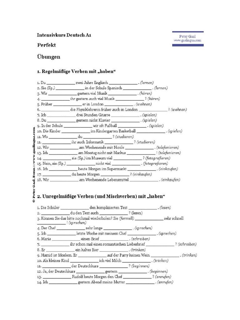 Das Perfekt. Arbeitsblatt | PDF
