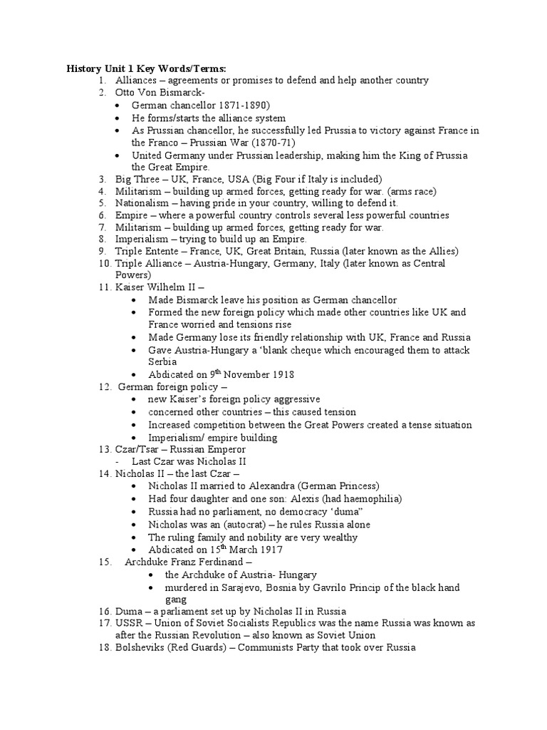 History Unit 1 Key Words | PDF | German Empire | Nicholas Ii Of Russia