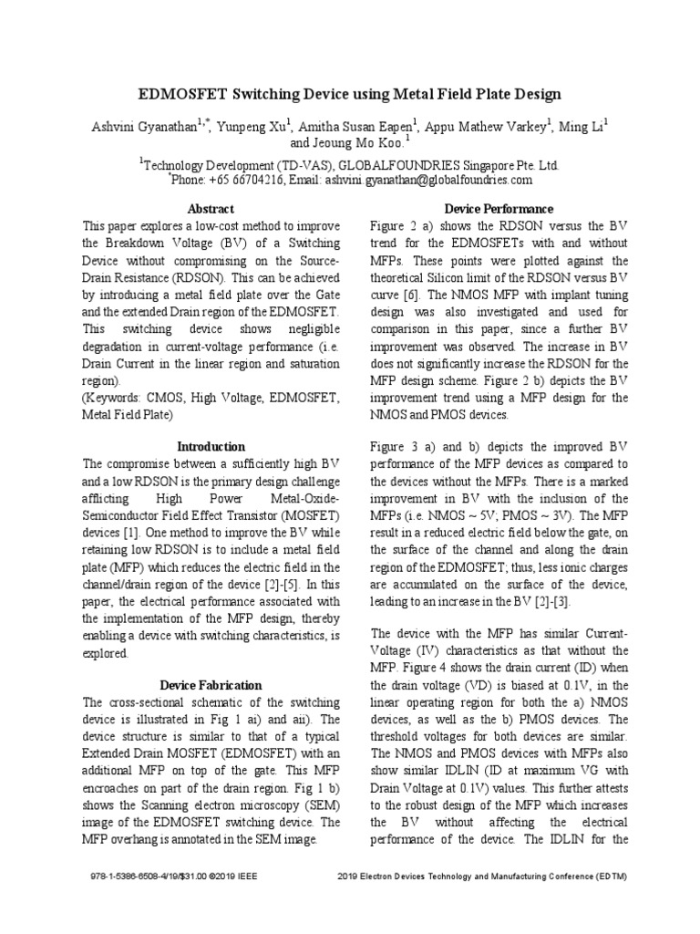 EDMOSFET Switching Device Using Metal Field Plate Design | PDF | Mosfet ...