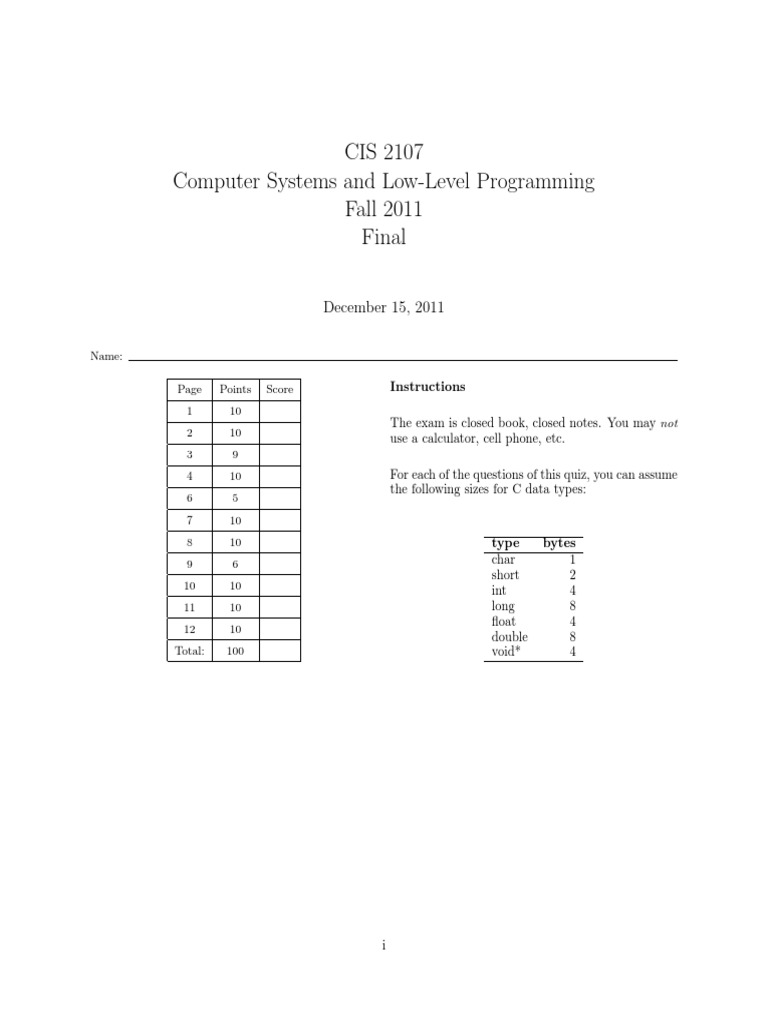 CIS 2107 Computer Systems and Low-Level Programming Fall 2011 Final | PDF | Computer Programming ...