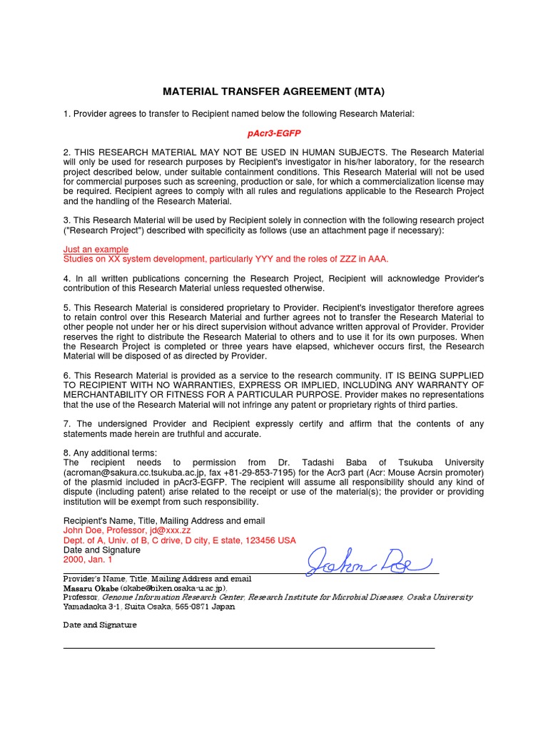 Material Transfer Agreement (Mta) | PDF | License | Business Law