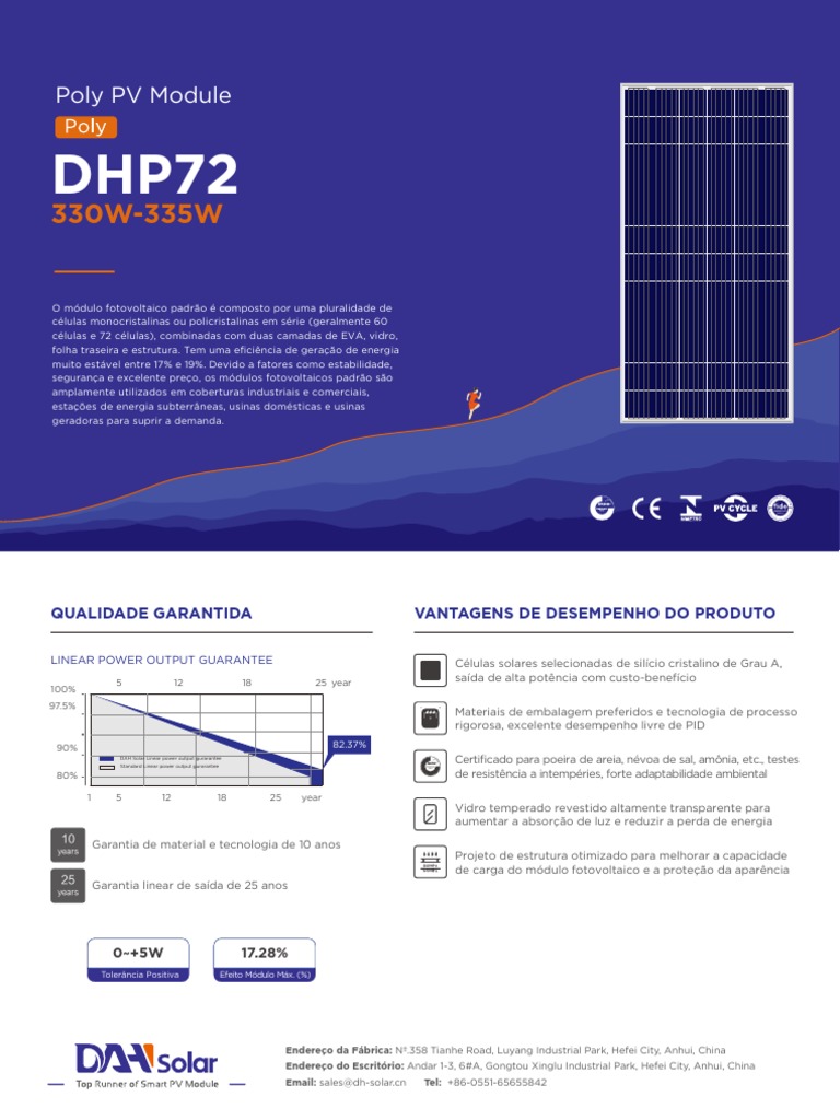 Módulo Fotovoltaico DHP72 330W-335W | PDF | Célula solar | Energia solar