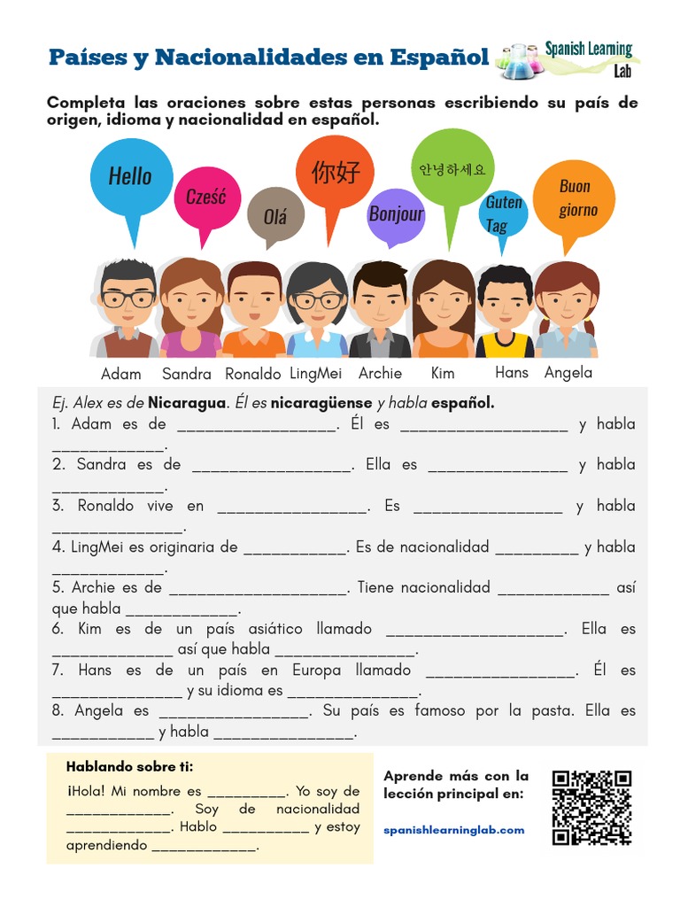 Countries Nationalities and Languages in Spanish Worksheet Paises y ...