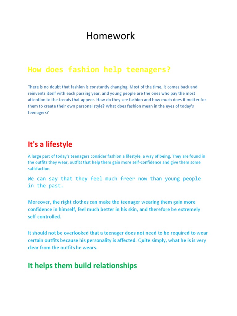 Homework: How Does Fashion Help Teenagers? | PDF