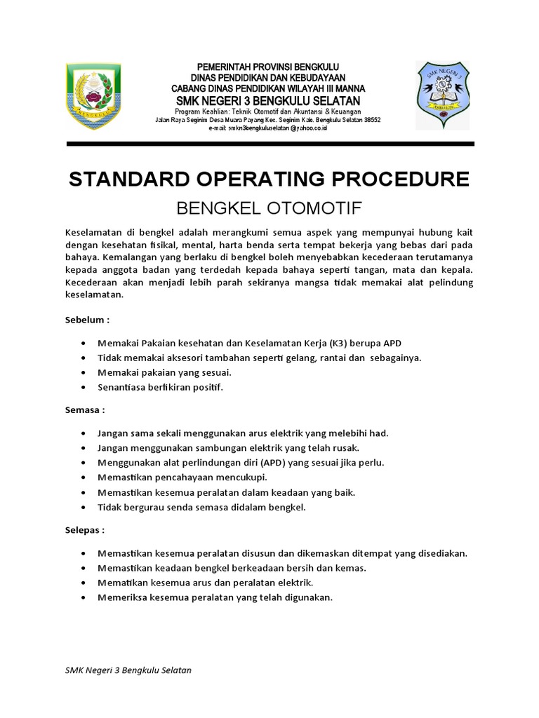 Sop Bengkel Otomotif | PDF