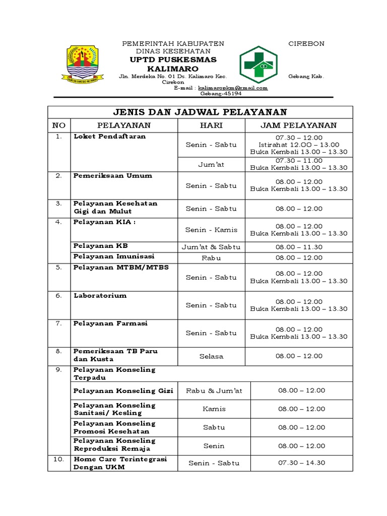 Jenis Dan Jadwal Pelayanan Puskesmas Kalimaro | PDF